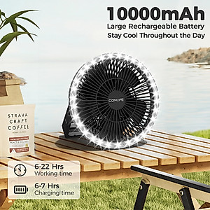 Camping Fan with LED Lantern, 8-Inch Portable Camping Fan, 10000mAh Rechargeable Battery Operated Tent Fan, 3 Speeds Table Fan with Light & Hook for Camping RV Travel Jobsite Hurricane Power Outage