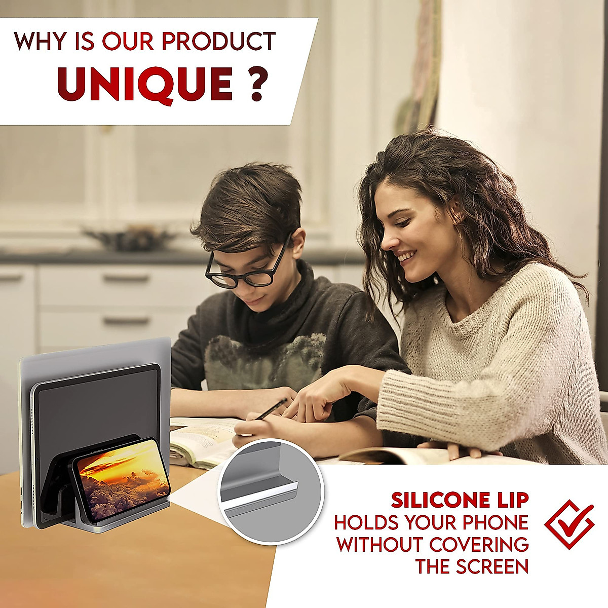 Dual Vertical Laptop Stand with New Smart Phone Slot; Compact Space-Saver Rack Expands Work Area. Strong Aluminum Adjustable Stand Holds Your Devices Securely