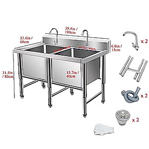 IOXGSGI Commercial 304 Stainless Steel Sink 2 Compartment Free Standing Utility Sink with Faucet Drain Basket Shelf, for Garage, Restaurant, Kitchen, Laundry Room, Outdoor