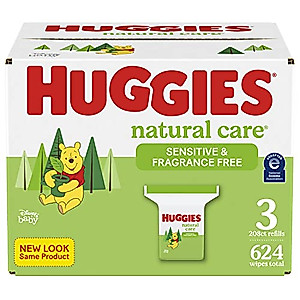 Sensitive Baby Wipes, Huggies Natural Care Baby Diaper Wipes, Unscented, Hypoallergenic, 99% Purified Water, 3 Refill Packs (624 Wipes Total) Packaging May Vary, 208 Count (Pack of 3)