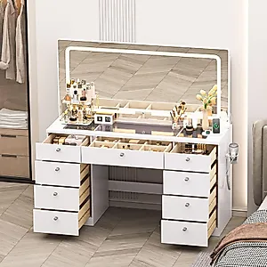 JassmiPkwy Makeup Vanity Desk with Mirror - 46 INCH Glass Tabletop Vanity Table with Lights, Drawers, Power Outlet, Large Storage Desk for Bedroom, White