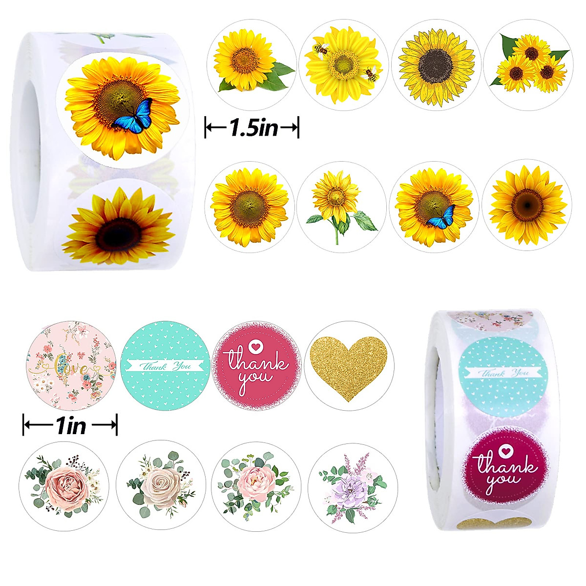 1000 Pieces Sunflower Round Adhesive Labels,Vintage Flower Stickers Roll for Cards Envelope Gift Boxes Envelope Seals Stickers(2 Rolls)