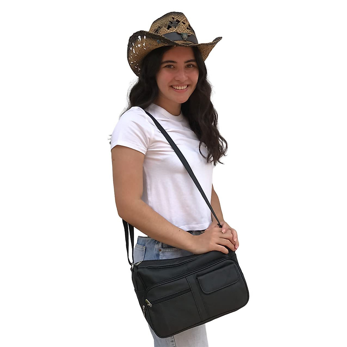 SILVERFEVER Medium Leather Handbag | Ladies Shoulder Bag | Organizer w Built in Wallet (black cowhide)