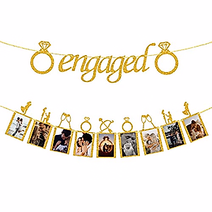 Engagement Wedding Decorations, Gold Engaged Banner and Photo Banner with Romantic Memories Picture Card Frames for Engaged / Wedding / Anniversary / Valentines Day Party