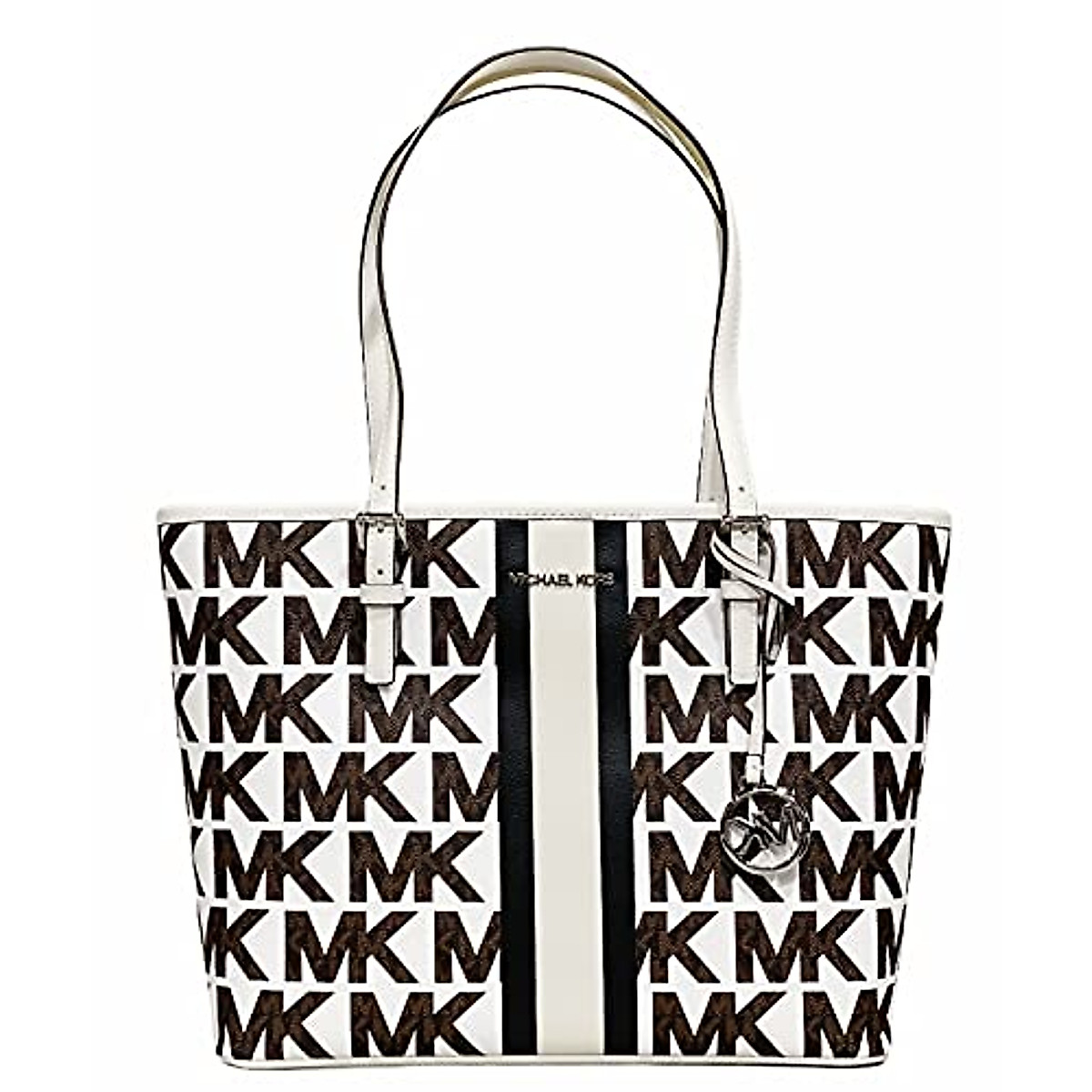 Michael Kors Jet Set Travel Medium Carryall Tote Graphic MK White Stripe Bundled with Michael Kors Jet Set Large Brown Trifold Wallet