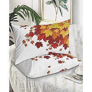 Edwiinsa Fallen Leaf Pillow Covers Standard Size Set of 2 Bed Pillow, Rustic Autumn Orange Ombre Maple Leaves Plush Soft Comfort for Hair/Skin Cooling Pillowcases with Envelop Closure 20''x26''