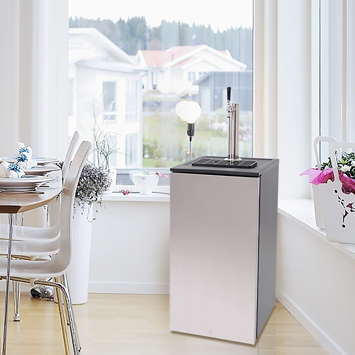 BHTOP Kegerator, Draft Beer Dispenser, Stainless Steel Beverage Cooler，Mounted CO2 Cylinder, Temperature Control, Drip Tray & Rail | Fits 1/6 Kegs