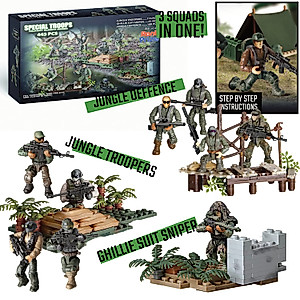 Special Forces US Military Mini Action Figures 3 Army Building Sets 9 soldiers Jungle Troopers Ghillie Suit Sniper Jungle Defence Squad Special Troops Toy10+ Kids & Parents Quality Family Time 443 Pcs