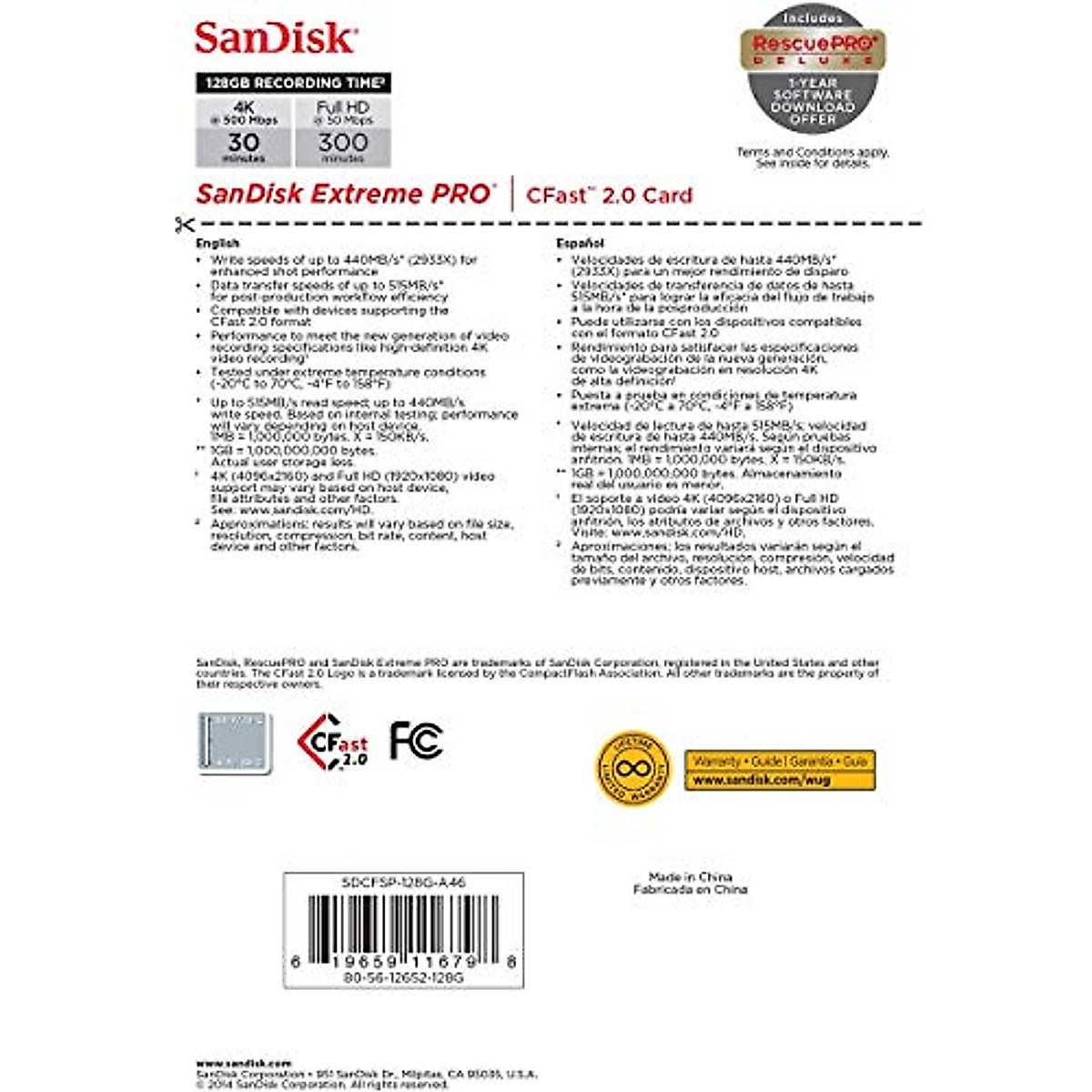 Sandisk Extreme Pro - Flash memory Card - 128 GB - CFast 2.0 - Silver (SDCFSP-128G-A46D)