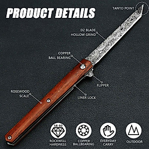 Carimee Pocket Knife 3.8", Slim Gentlemen`s EDC outdoor tool knife, HC Stainless Japanese style Blade, Wooden Handle, with Leather Sheath, 2024 Gifts for Men and Women