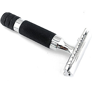 G.B.S Black Travel Shaving Brush, 4 Piece Travel Double Edge Safety Razor, and Leather Razor Case, Daily Beard Care, 10 pack of blades Snap Lock Prevent Razor Bumps