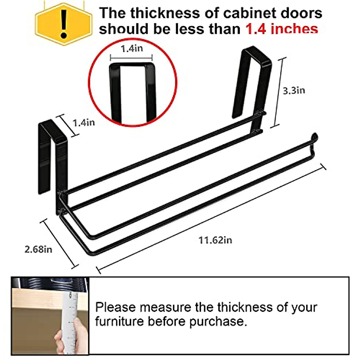Luxsego Paper Towel Rack Under Cabinets, 1.4" Hanging & No Drilling Paper Towel Hanger for Kitchen Cabinets Bathroom, Stainless Steel, Double Support (Black)