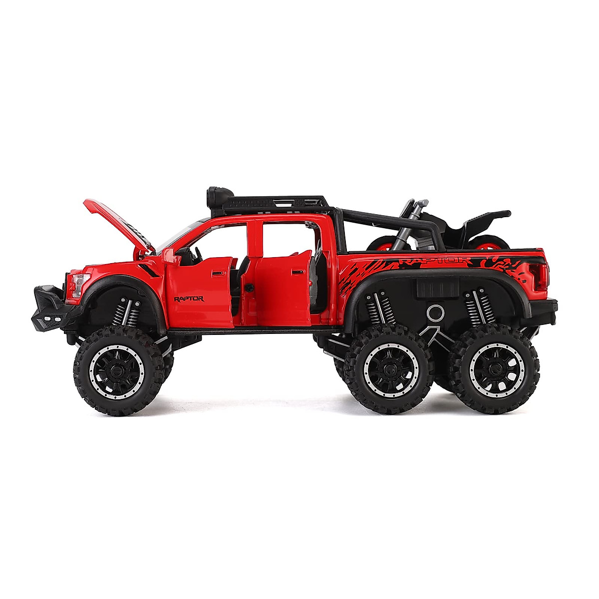 MYJJTYS Toy Pickup F150 six-Wheel (Length 8.6 inch) Metal die-cast Model car Sound and Light with Motorcycle Toy car 3 4 5 6 7 8 9 10 11 12 Year Old boy Toy (Red)