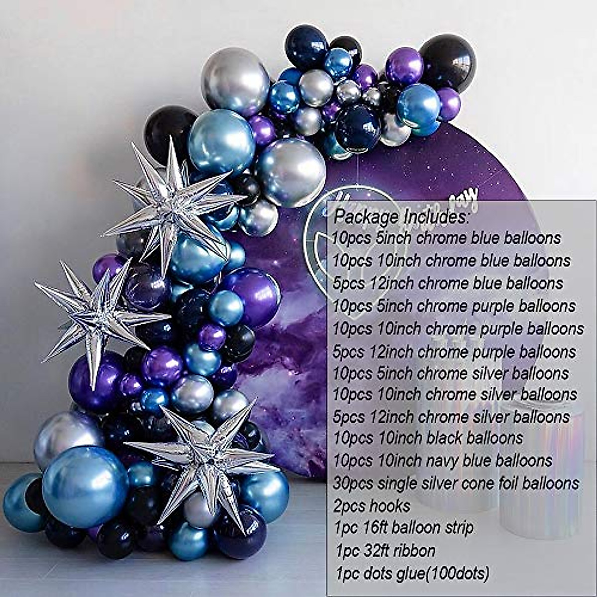 Space Birthday Decorations Supplies Metallic Chrome Blue Purple Silver Balloon Arch Garland Kit-125pcs Blue Purple Silver Balloons For Space Birthday Party, Baby Shower, Graduation