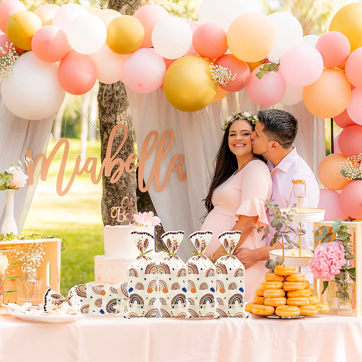 100Pcs Boho Rainbow Party Decorations Cellophane Bags Groovy Goodie Bags Treat Bags Baby Shower Candy Gift Bags Hippie Party Favors with 100 Pcs Gold Twist Ties for Birthday Wedding Themed Party