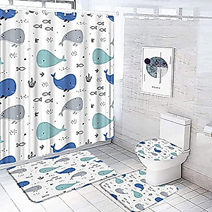 DSMEUE 4 Piece Shower Curtain Sets with Rugs,Cartoon Whale Blue Gray Tropical Fish Seaweed Funny Sealife Boys Girls 70" x 70" Bathroom Curtain and 17.8"x29.5" Bath Mat,Toilet Cover, U-Shaped