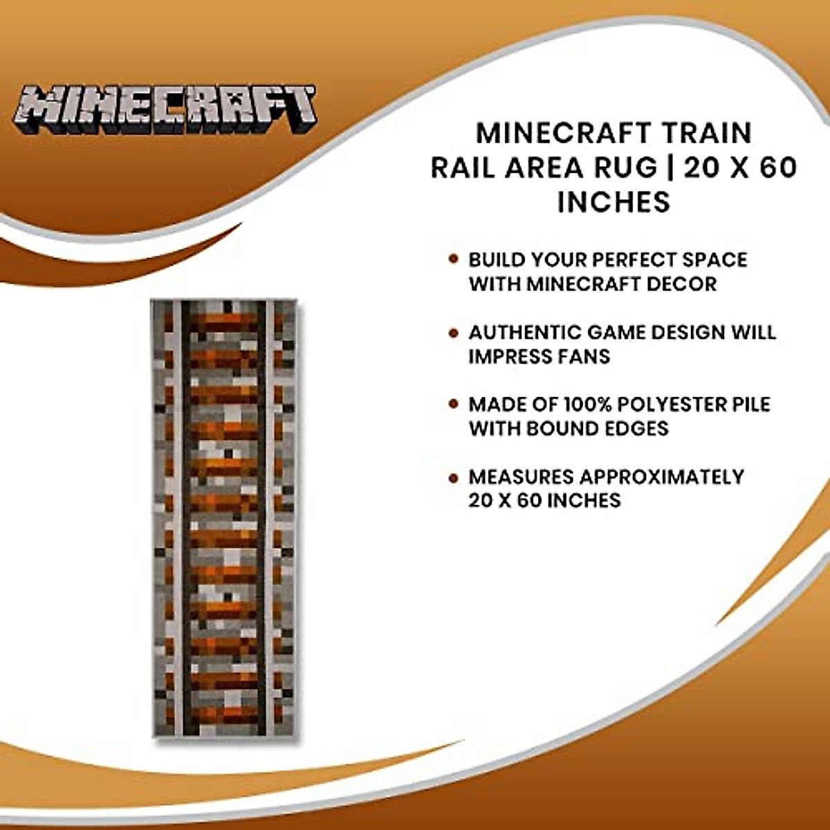 Minecraft Train Rail Area Rug | Indoor Floor Mat, Accent Rugs For Living Room and Bedroom, Home Decor For Kids Playroom | Video Game Gifts And Collectibles | 20 x 60 Inches