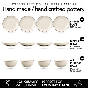 Riverside Collection by Maison Neuve 12-Piece Dinnerware Set Service for 4 - Hand Crafted Bowls and Plates Set, Stoneware Dinnerware Set, Microwave & Dishwasher Safe Plate Set - Oxford White