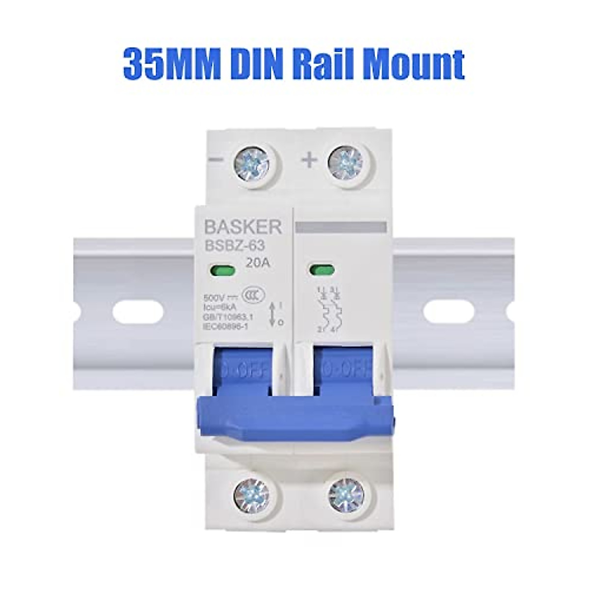 BASKER DC Circuit Breaker, 20Amp 2 Poles 500V Solar Disconnect Switch for Solar PV System Solar Panels Grid System, DIN Rail Mount, DC Breaker MCB (20A)