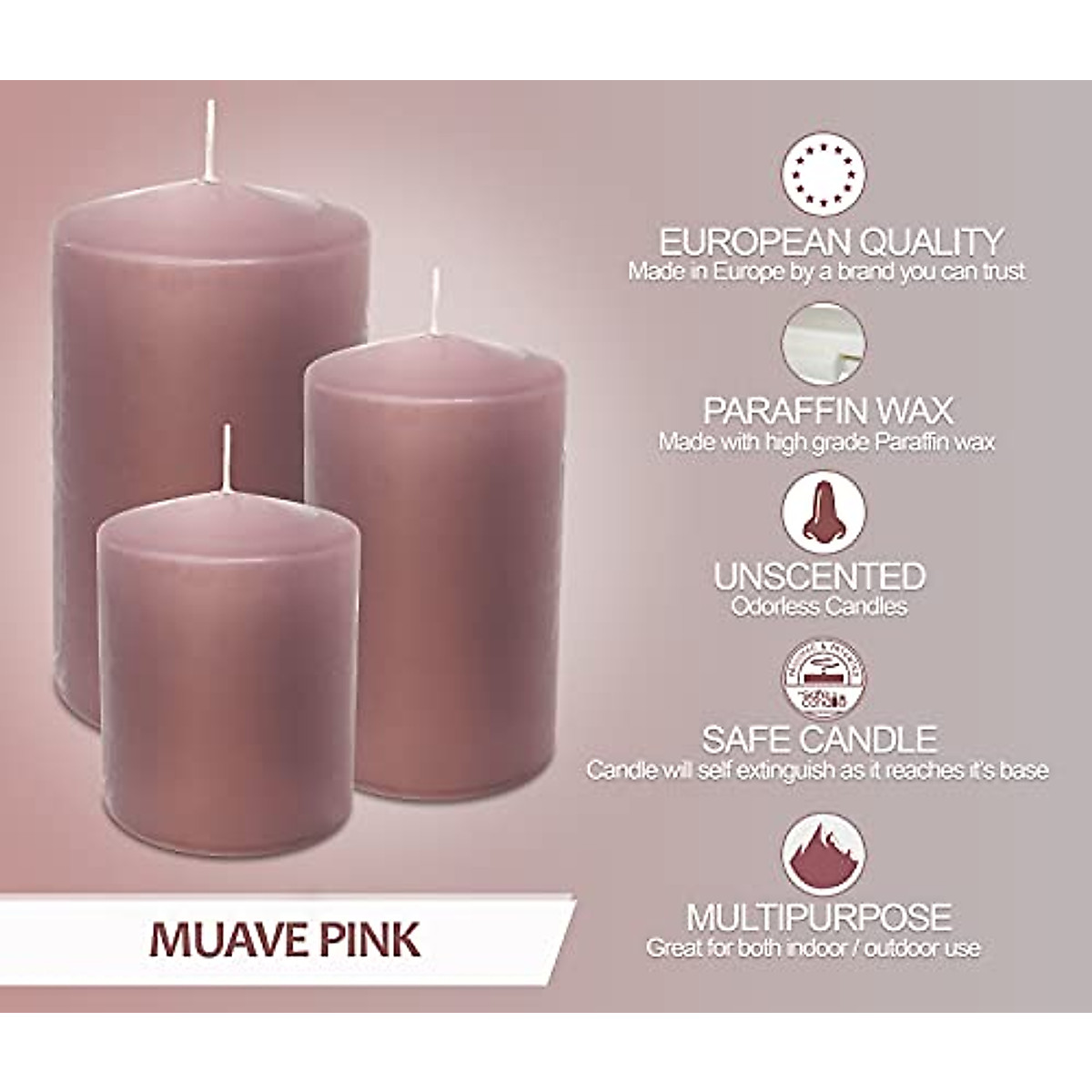 Hyoola Mauve Pink Pillar Candles 2x3 Inch - 4 Pack Unscented Pillar Candles Bulk - European Made