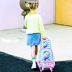 gxtvo Rolling Backpack for Girls, Roller Wheels Kids Bookbag - Wheeled Suitcase Elementary Sequin School Bag - 3PCS Unicorn