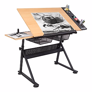 Bonnlo Professional Drafting Desk, Wooden Drawing Table Height Adjustable Tiltable Tabletop w/Storage Drawer for Reading, Writing Art Craft Work Station