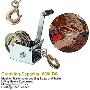 ASelected 800lbs Capacity Heavy Duty Hand Winch, Crank Strap Gear Boat Winch with 26FT Steel Cable and Hook, Manual Lifting Winches for Boat Trailer ATV or Shop Crane, Small Hoist for Deer Feeder