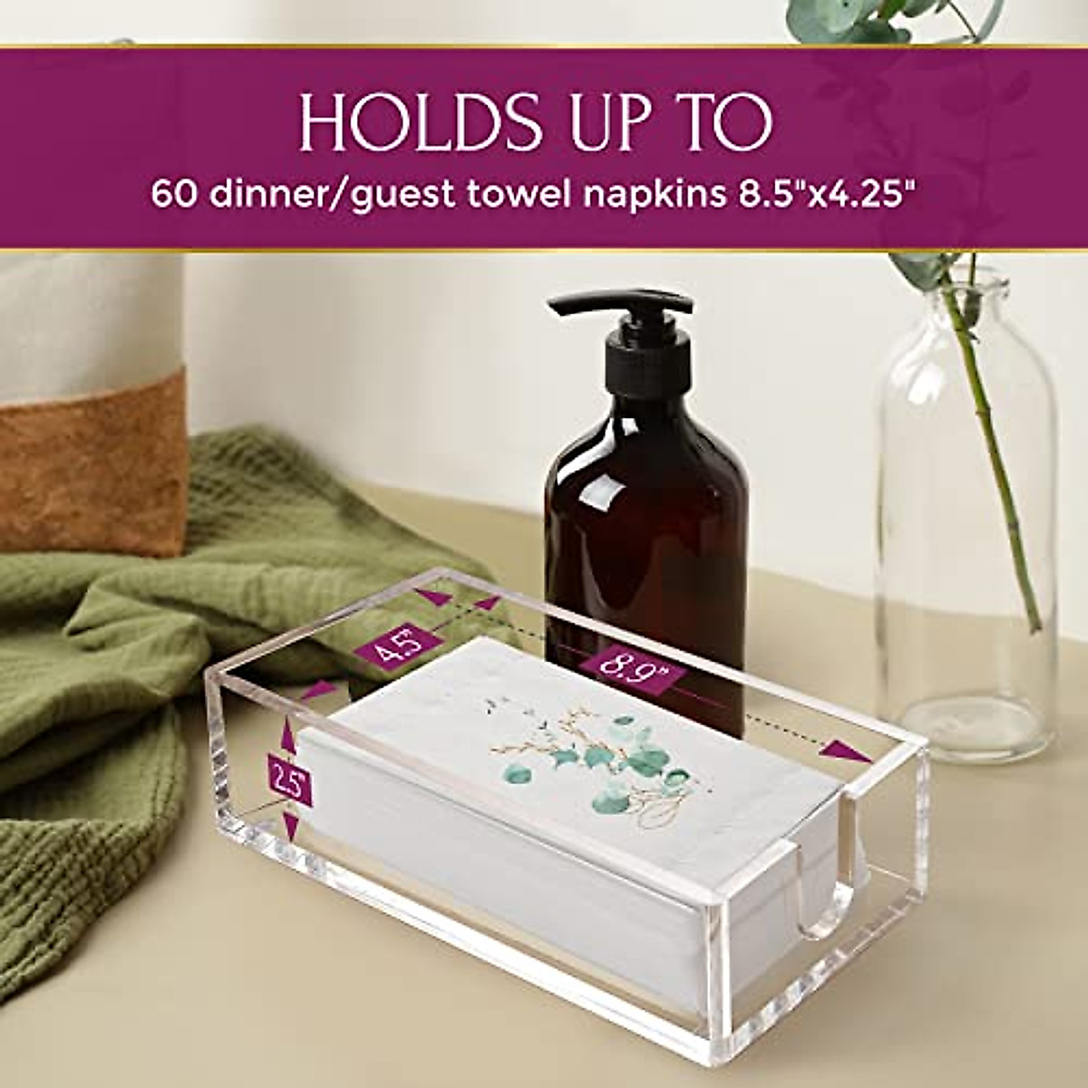 Acrylic Napkin Holder for Bathroom - With Rounded Corners and Hygienic Non-Slip Pads, Clear, Durable Bathroom Napkin Holder Tray, made Deeper to reduce refills 8.9 x 4.5 x 2.5” Inside