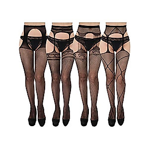 Boao 4 Pairs Woman's Lace Suspender Stockings Thigh-High Pantyhose Stockings Fishnet Tights for Halloween Party (Medium/Large)