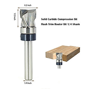 SICWOOD Solid Carbide Compression Flush Trim Router Bit 1/4 Shank, 2+2 Flute, 1/2" Diameter, 1/2" Cutting Length, Pattern and Mortising Trim Router Bit, Template Top Bearing Router Bit