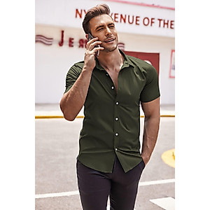 COOFANDY Men's Dress Shirts Slim Fit Wrinkle-Free Short Sleeve Casual Button Down Shirt Olive Green