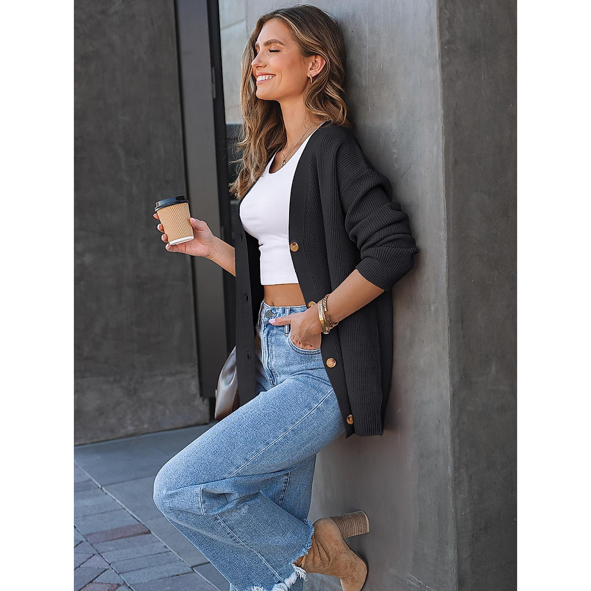 LILLUSORY Women Oversized Cardigan Sweater Fall Outfits Cloth Fashion V Neck Knit Button Front Casual Trendy Tops Black X-Small