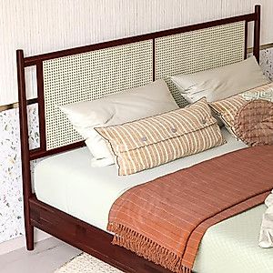 Bme Oliver King Bed Frame and Headboard - 15-Inch Signature Design with Rattan Headboard, Bohemian and Mid Century Style, 12-Slat Wood Support, No Box Spring Needed - Easy Assembly, Walnut