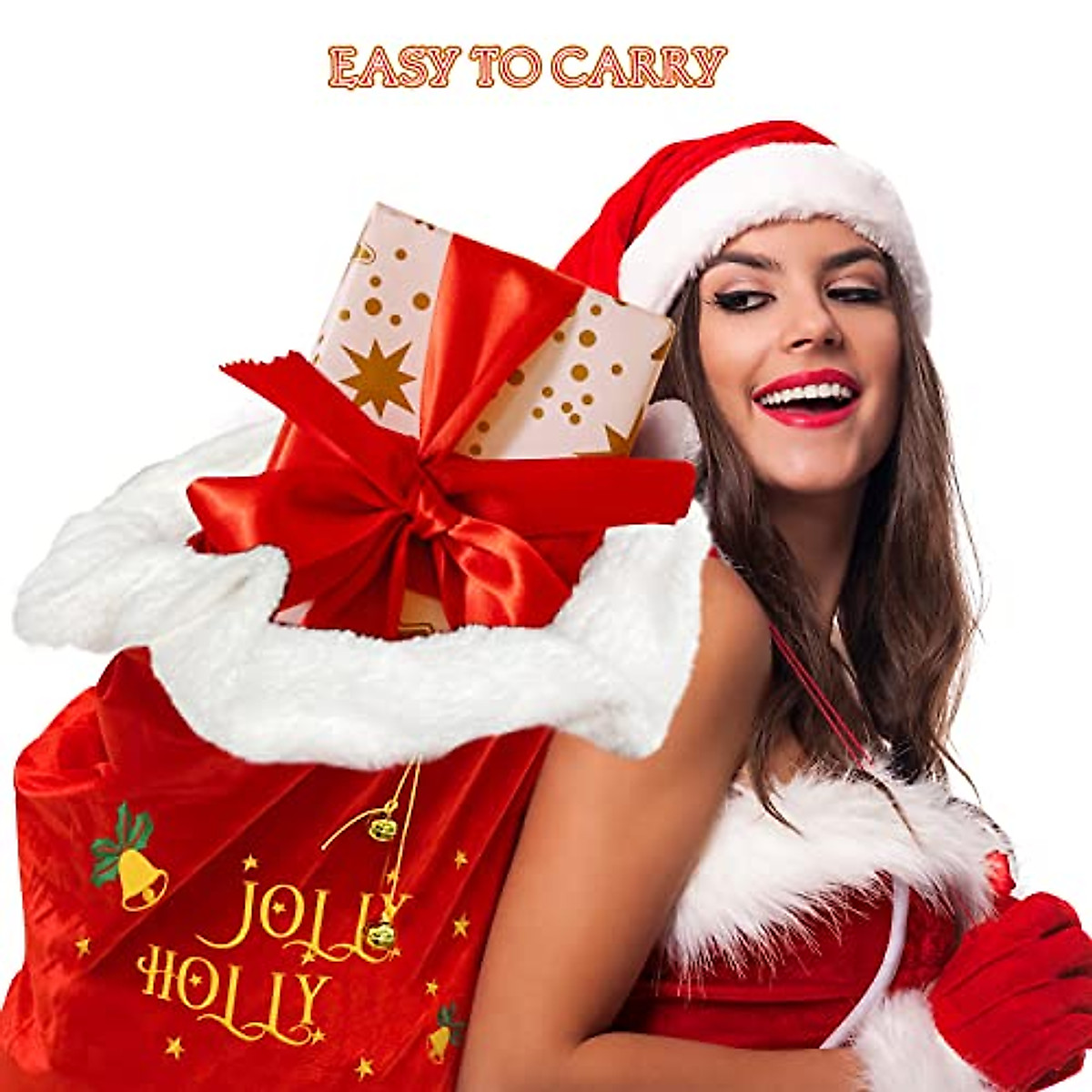 Giant Christmas Santa Sack Velvet Santa Bags for Gifts Extra Large with Cord Drawstring 25 * 36in Red Present Sack Jolly Holly