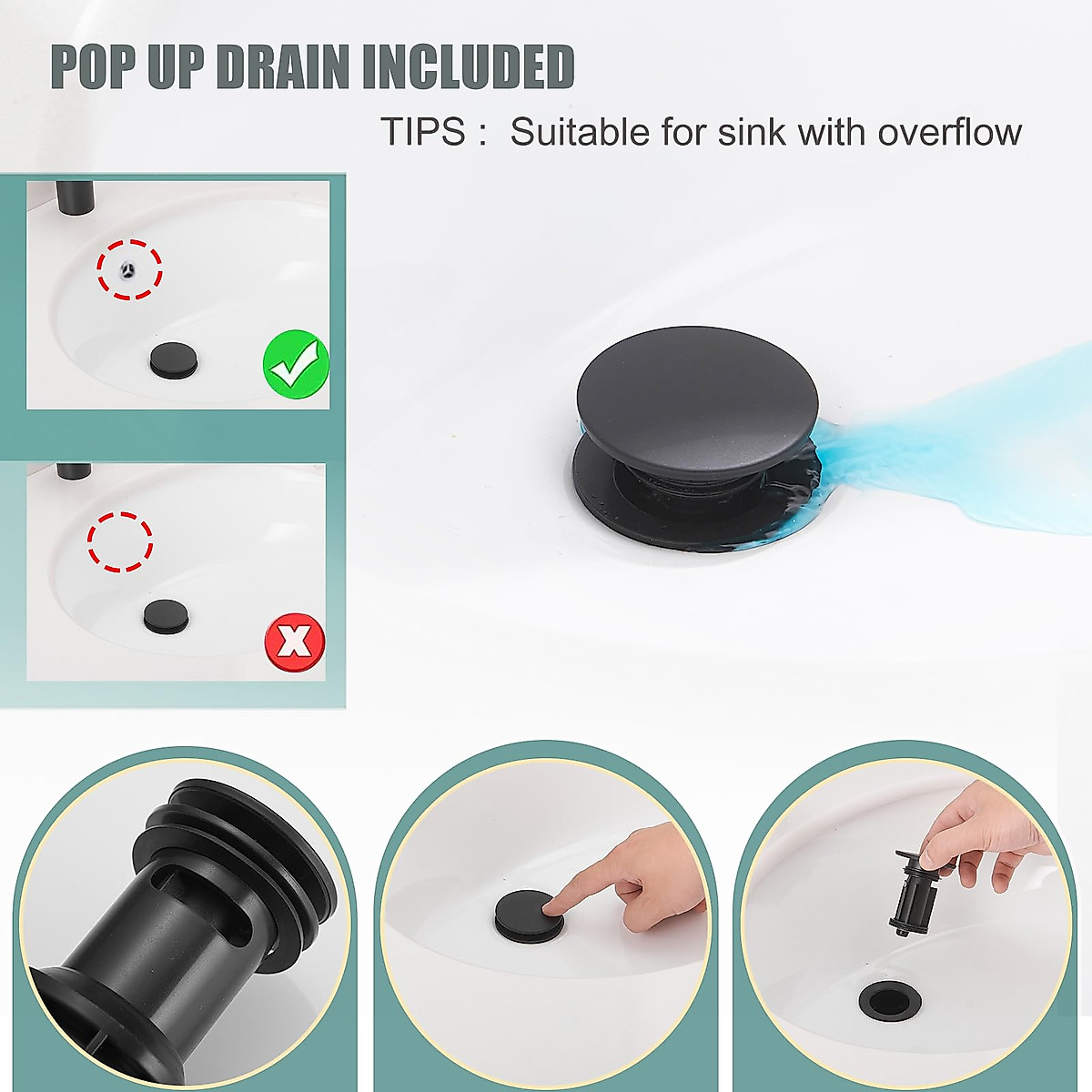 Hoimpro Matte Black Waterfall Single Hole Bathroom Faucet with 6" Deck Plate, Stainless Steel Bathroom Sink Faucet with Pop-up Drain, Rv Vanity Vessel Faucet with Supply Lines, Matte Black