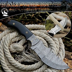 BLACK WOLF KNIFE Handmade Damascus Steel Tracker Knife EDC for Hunting, Bush craft, Camping, Fixed Blade G10 Handle with Cowhide Leather Sheath – BW-4141