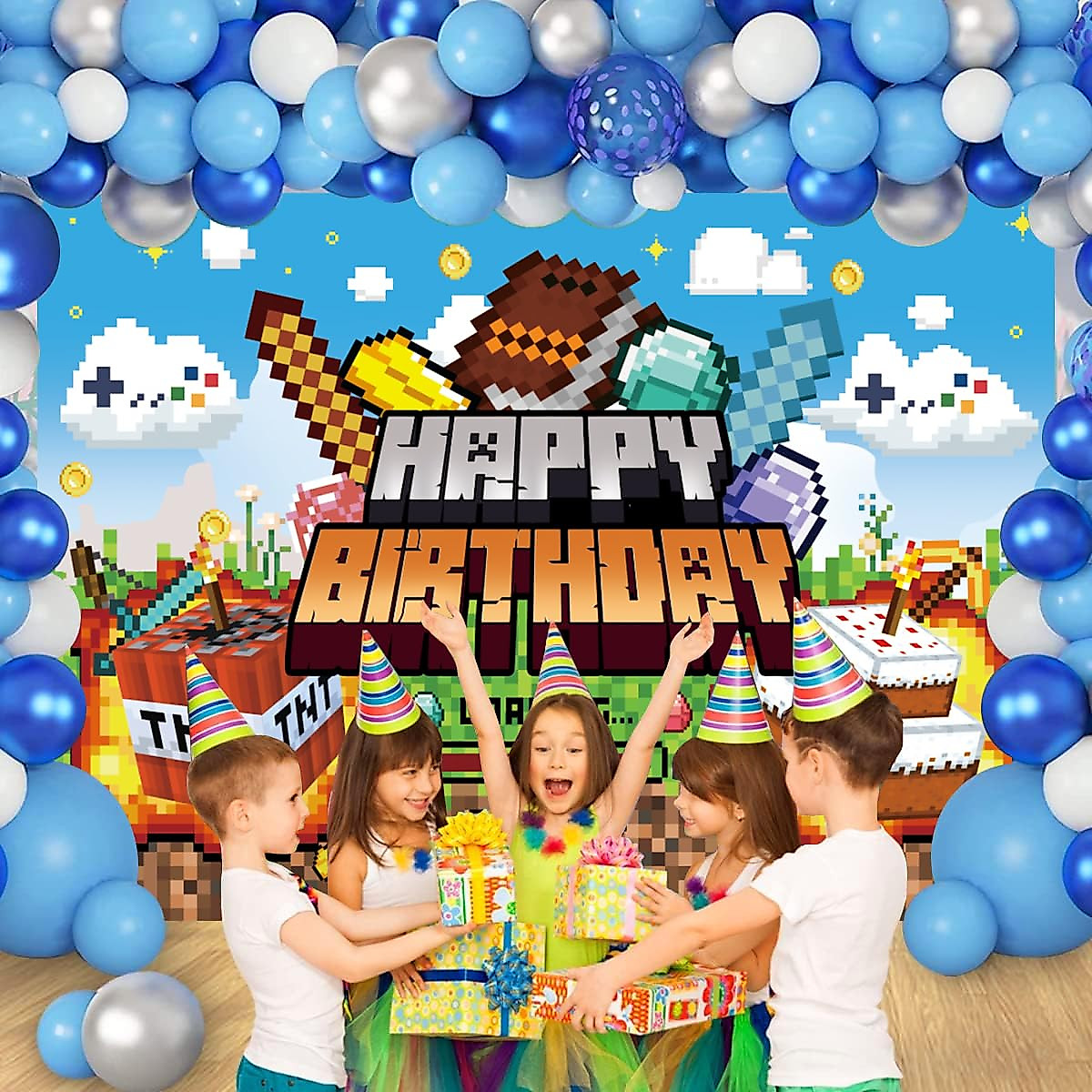 Pixel Video Game Theme Backdrop Children Boy Happy Birthday Party Decoration Banner Miner Mining Earth Block Banner Pixel Cartoon Photography Props (7x5FT(210X150cm))
