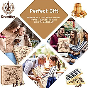 BremToy 4 in 1 Chess Sets-Wooden Chess & Checkers Set, Sling Puck and Nine Men's Morris Board Games for Kids Adult, Foldable & Portable Chess Board Set for Travel (12x12inch)