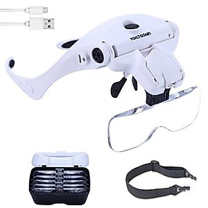 YOCTOSUN LED Head Magnifier, Rechargeable Hands Free Headband Magnifying Glasses with 2 Led, Professional Jeweler's Loupe Light Bracket and Headband are Interchangeable