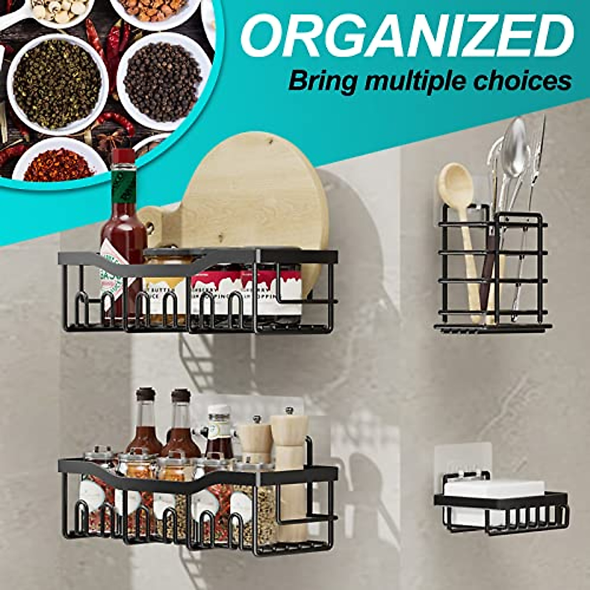 shower shelves[5 pcs],Kitchen&bathroom storage shelf, strong adhesive,bathroom shelf no drilling , rustproof stainless steel soap box, toothpaste, towel and toiletries,Cutlery Storage Box , black