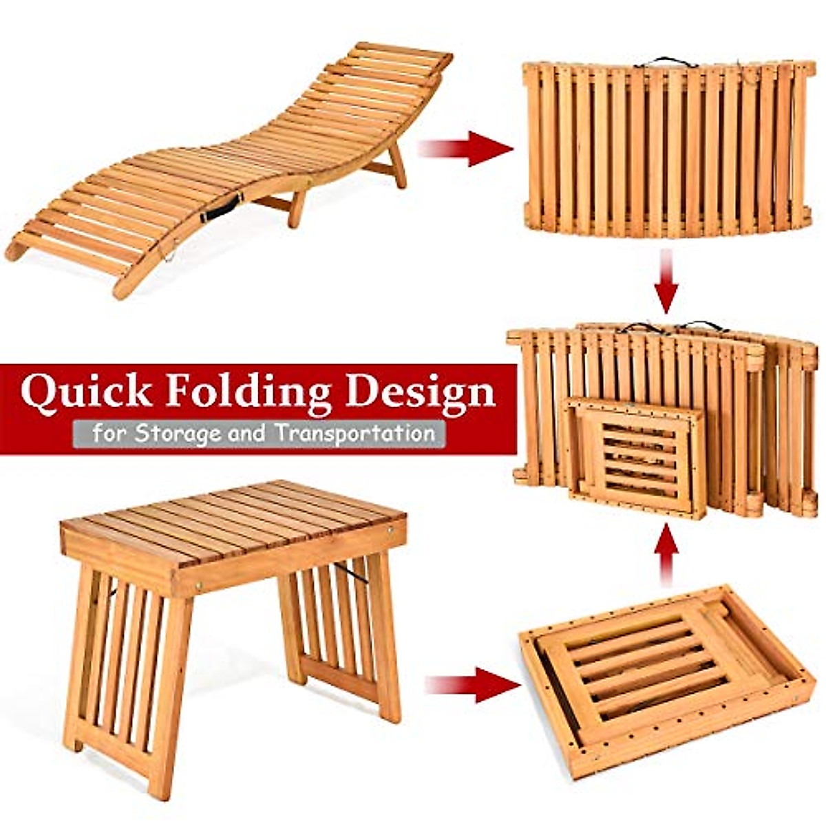 Tangkula 3 Pcs Folding Patio Solid Eucalyptus Wood Lounge Chair Set, Outdoor Lounger Chair w/Foldable Side Table, Double-Sided Cushion Lounger Chairs Set for Garden Lawn Backyard(Red & White)