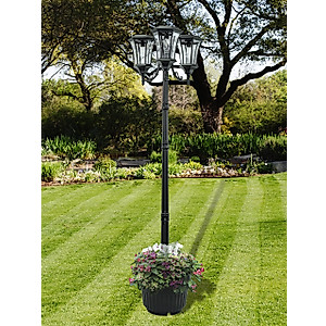 Sun-Ray 312016 Avalon 3-Head Solar Lamp Post and Planter, 7 ft, Black, Batteries Included