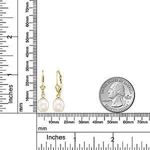 Gem Stone King 14K Yellow Gold 9MM Cultured Freshwater Pearl Dangle Earrings For Women