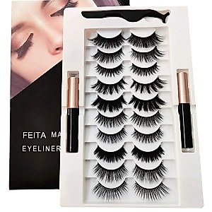 FEITA Upgraded Magnetic Eyelashes Kit with Eyeliner - 10 Pairs Magnetic False Lashes Natural Look with Applicator, 2 Tubes Magnetic Eyeliner - Easy to Apply & No Glue Needed Black