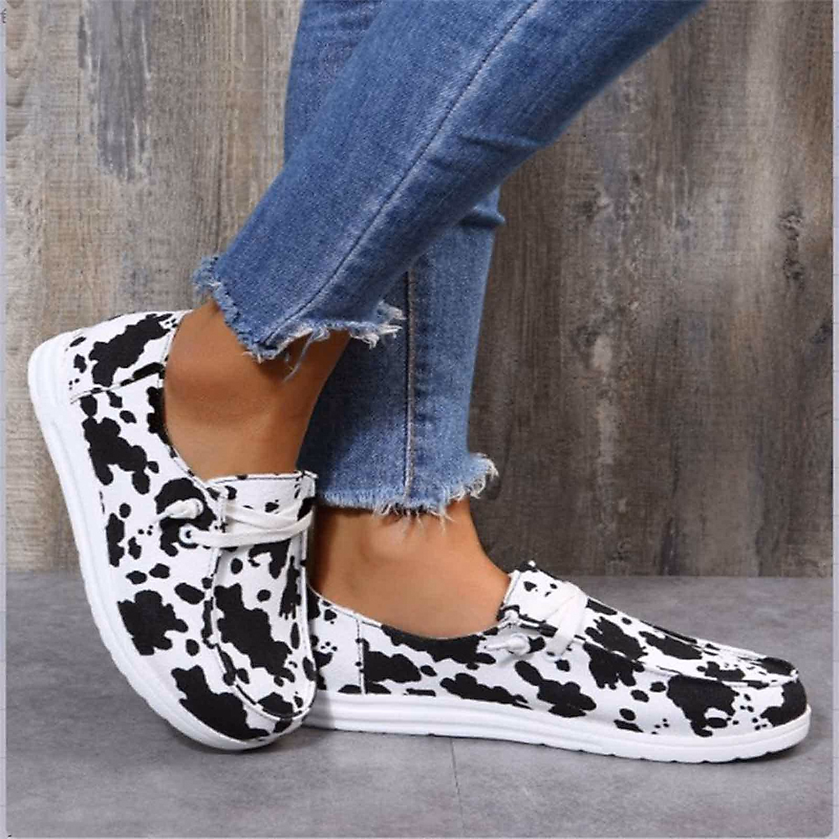LELEBEAR Cow Print Shoes, Cow Print Shoes for Women, Flat Lace-Up Slip On Women Comfortable Print Sneakers (Cow Print Shoes, 9.5 US)