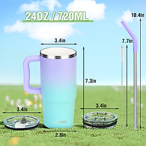 Zukro 24 oz Ceramic Coated Interior Tumbler with Handle and Straw, No Metal taste or Smell, Leakproof No Sweat Stainless Steel Coffee Cup with 2 Lids, Dishwasher Safe Insulated Travel Mug, Teal