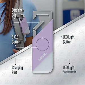 SABRE 2-in-1 Personal Alarm with LED Light & SOS Button, 130dB Siren Heard from 1,800-foot (500-meter), Carabiner Clip for Easy Carry on Backpacks & Purses, Rechargeable with Charging Cord Included