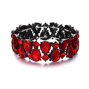 Flyonce Bridal Crystal Teardrop Elastic Stretch Bracelet for Women, Rhinestone Statement Jewelry Red