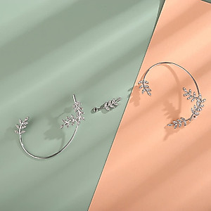 Jumwrit Rhinestone Ear Cuffs Leaf Ear Jacket Climber Crawler Earrings Ear Wrap Earrings Cute Hypoallergenic Stud Earrings for Women Girls（Silver）
