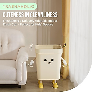 3.2-Gallon Cute Kids Trash Can - Durable Waste Basket Perfect for Kids Rooms, Classrooms, Pediatric Clinics - Beige Square-Shaped Trash Bin w/Arms & Legs - Comes with Removable Trash Bag Holder